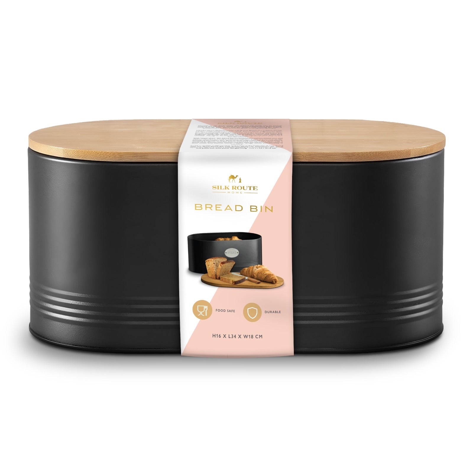 Black Metal Kitchen Storage Bread Bin Box With Acacia Wooden Lid – Silk ...