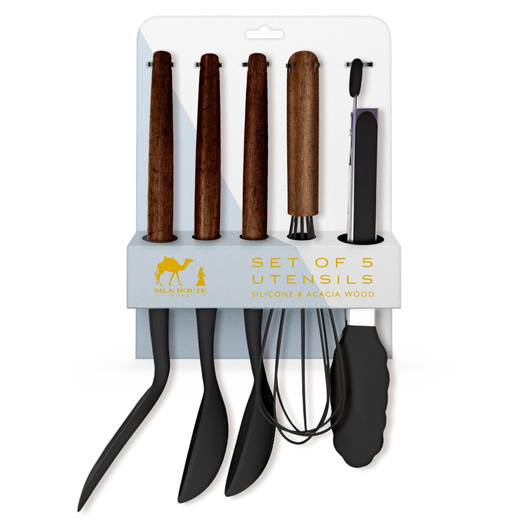 Kitchen Acacia Wood & Black Silicone Set of 5 Utensil Set – Silk Route ...