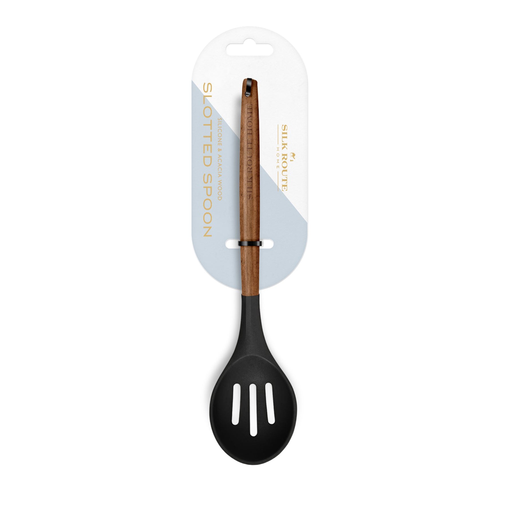 Kitchen Acacia Wood & Black Silicone Slotted Spoon Utensil – Silk Route ...