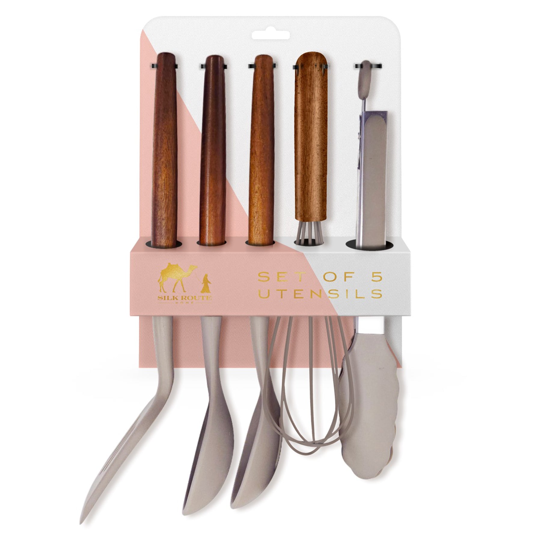 Kitchen Acacia Wood & Grey Silicone Set of 5 Utensil Set – Silk Route ...